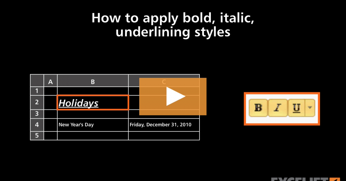 How To Apply Bold Italic Underlining Styles In Excel Video Exceljet