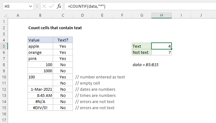 Count cells that contain text - Excel formula | Exceljet