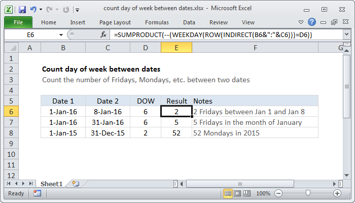 Count day of week between dates - Excel formula | Exceljet