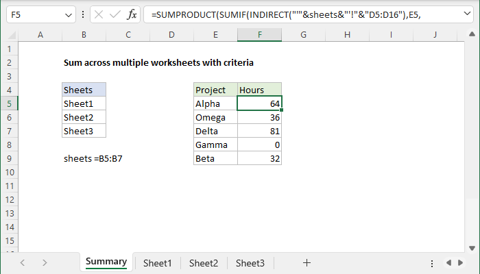 Sum across multiple worksheets with criteria - Excel formula | Exceljet