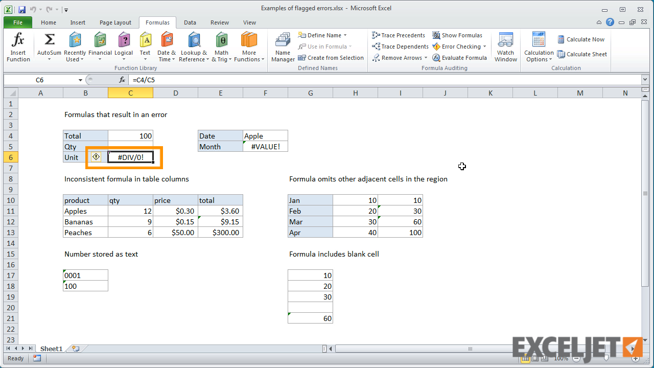 Excel Tutorial Examples Of Flagged Errors In Formulas 9598