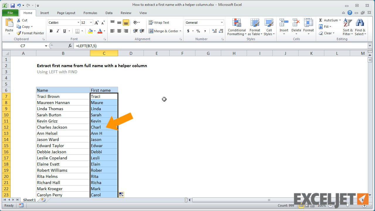 Excel tutorial: How to extract a first name with a helper column