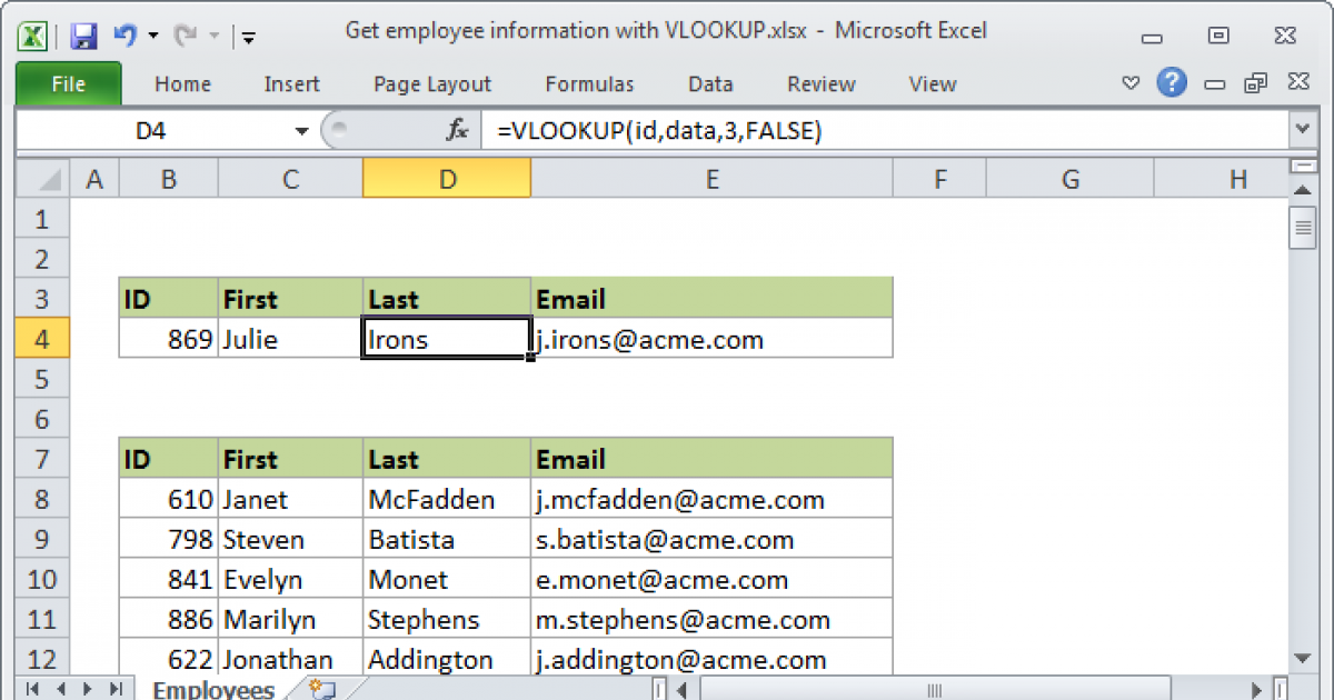 Get employee information with VLOOKUP - Excel formula | Exceljet