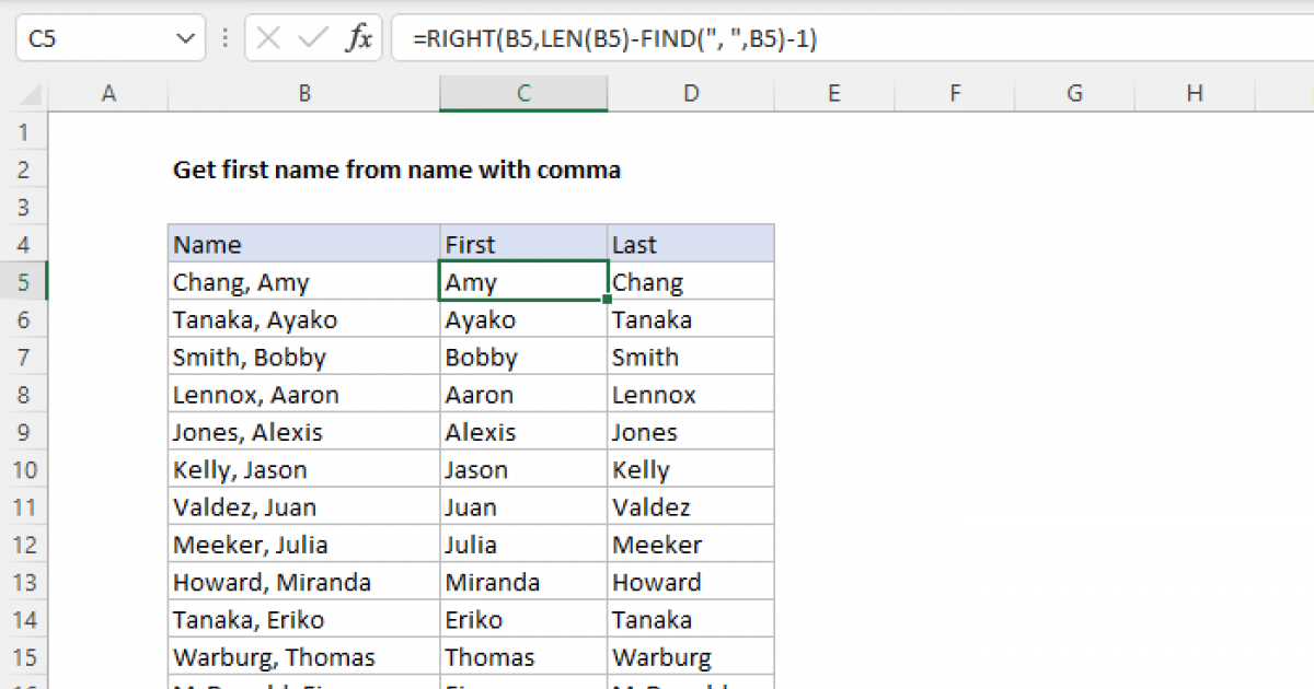 Get first name from name with comma - Excel formula | Exceljet