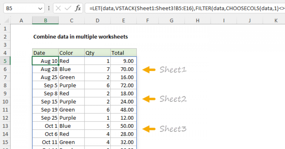 Combine data in multiple worksheets - Excel formula | Exceljet Combine data in multiple worksheets - Excel formula | Exceljet