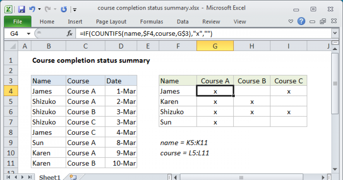 Course completion status summary - Excel formula | Exceljet
