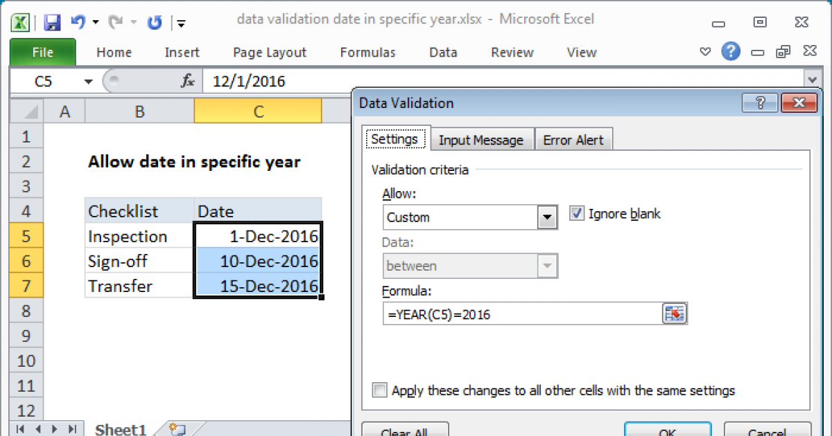 Data validation date in specific year - Excel formula | Exceljet