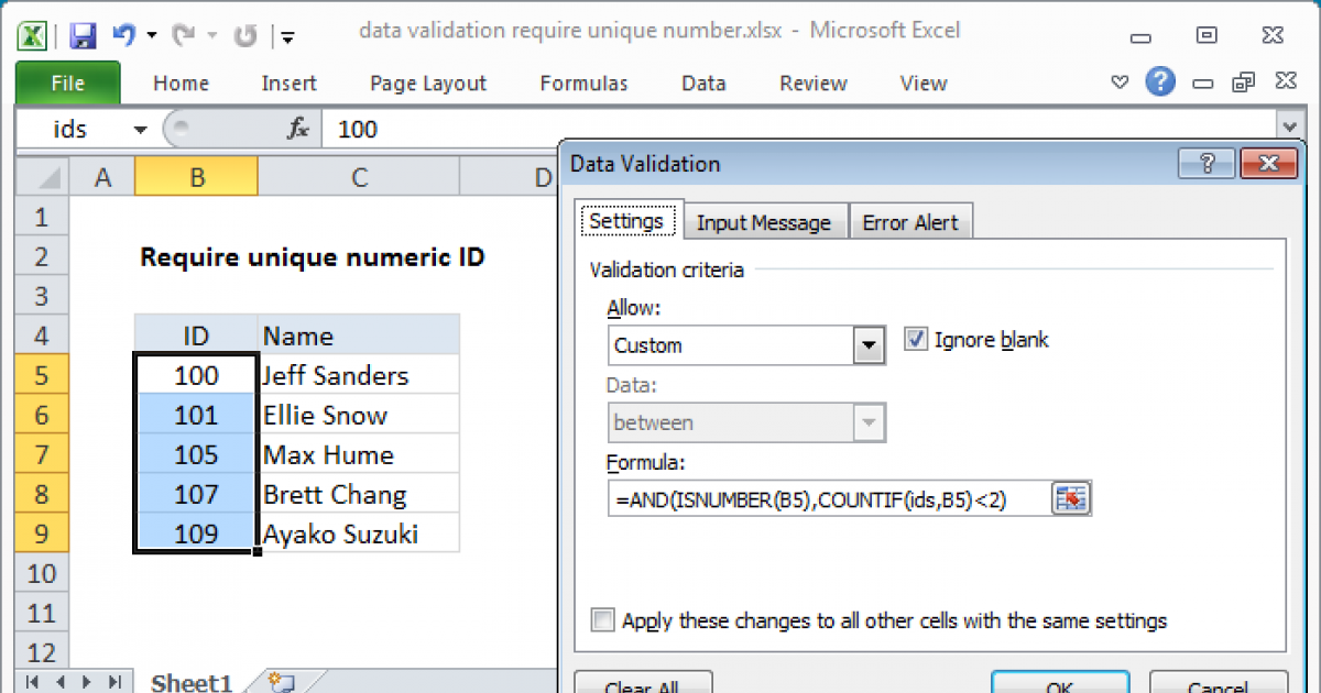 Data validation require unique number - Excel formula | Exceljet
