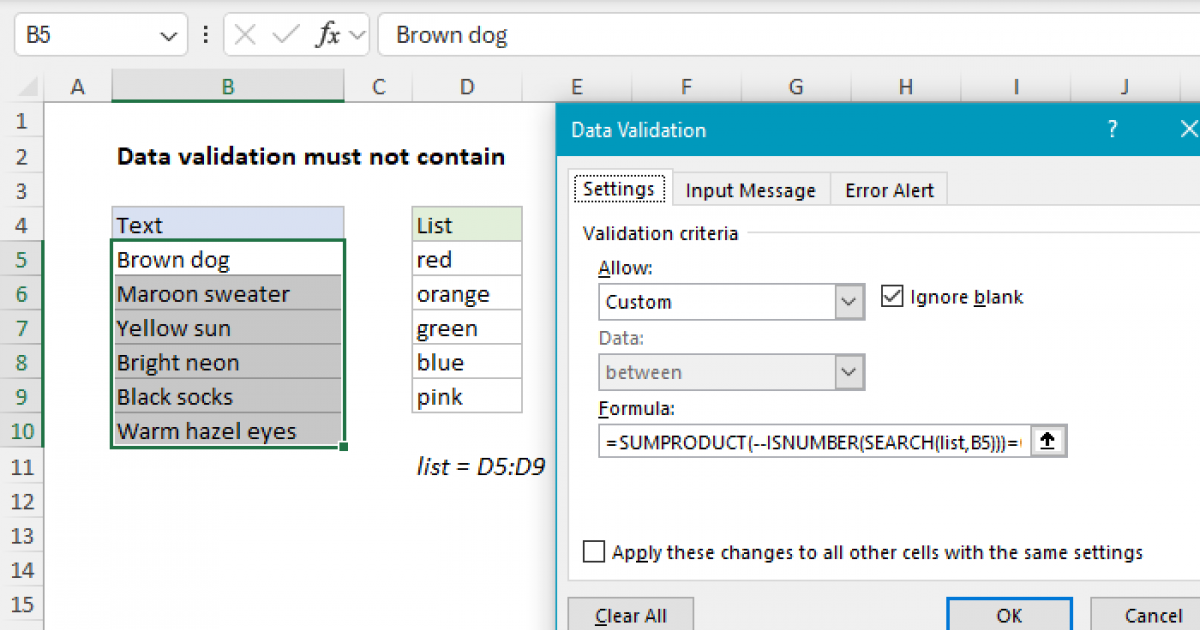 Data validation must not contain - Excel formula | Exceljet
