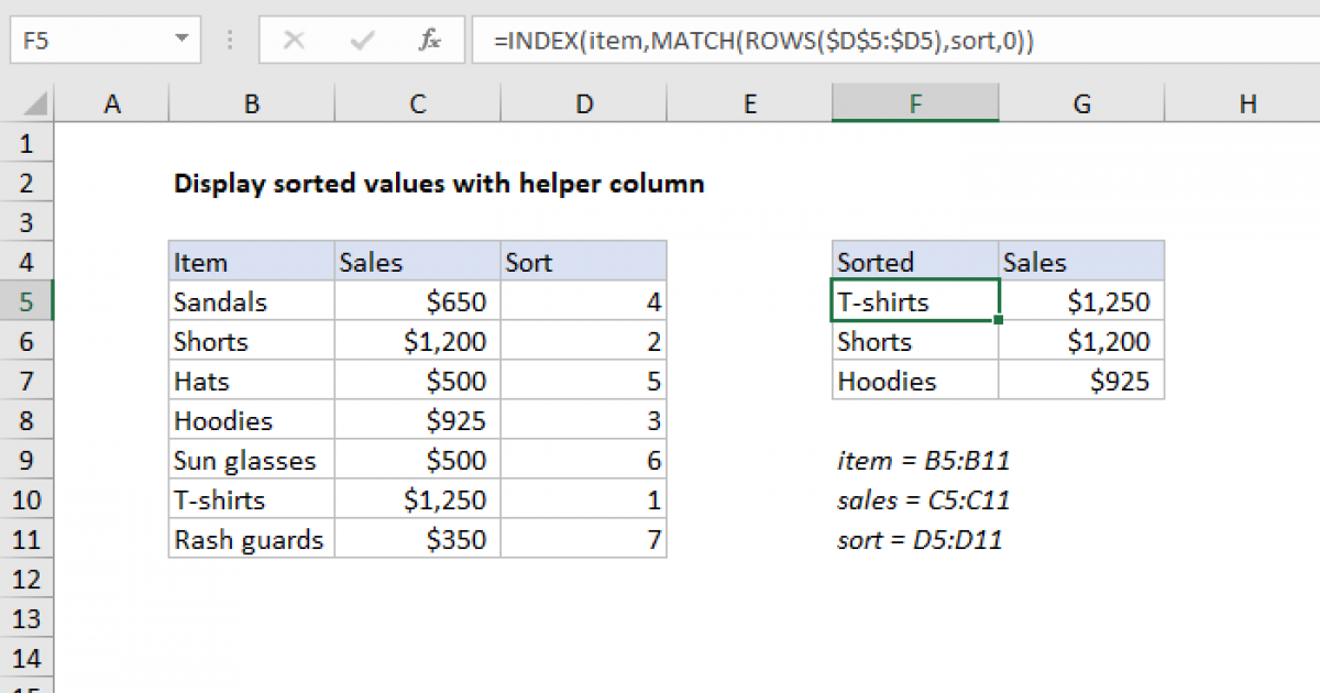 Display sorted values with helper column - Excel formula | Exceljet