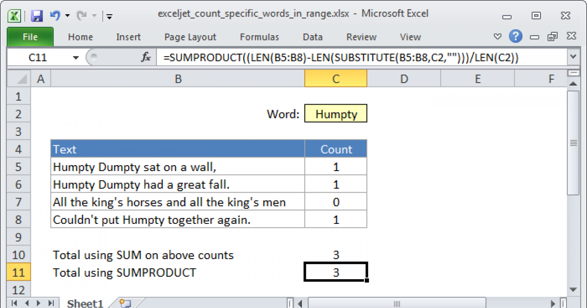 Count Specific Words In A Range Excel Formula Exceljet