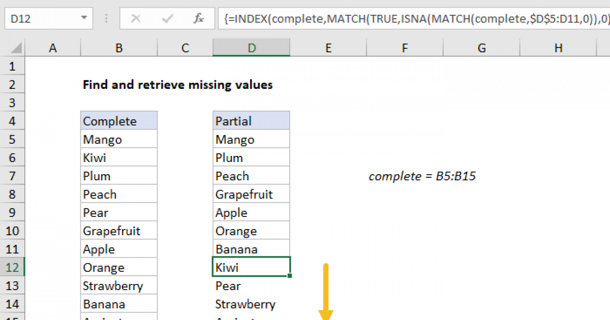 Find and retrieve missing values - Excel formula | Exceljet