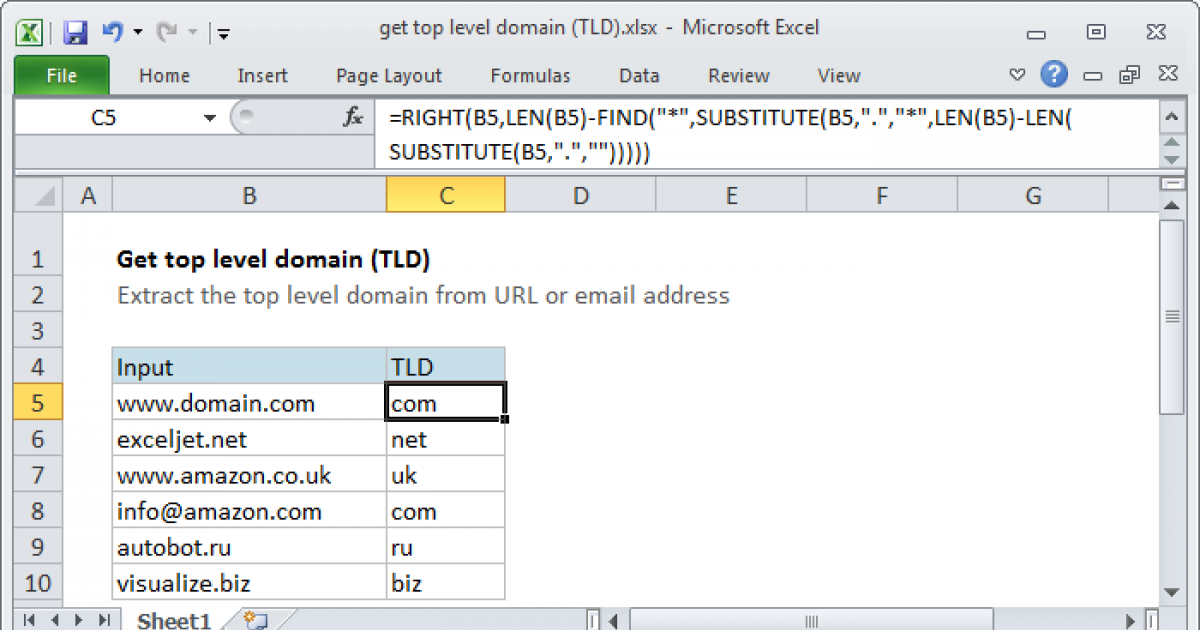 Get top level domain (TLD) - Excel formula | Exceljet