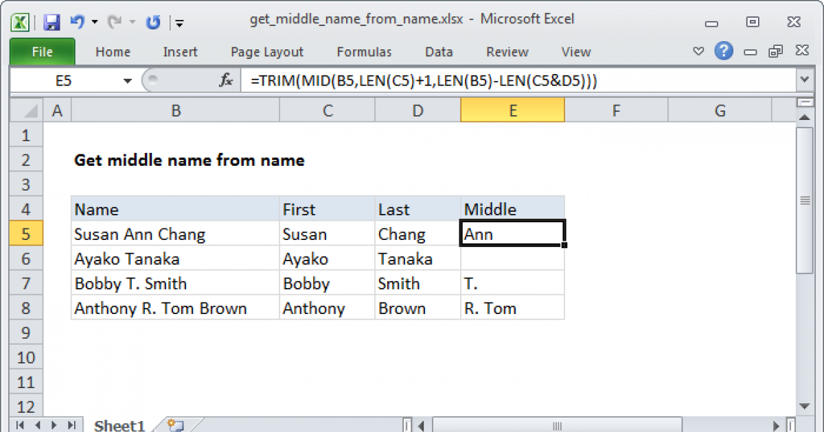 Get Middle Name From Full Name Excel Formula Exceljet