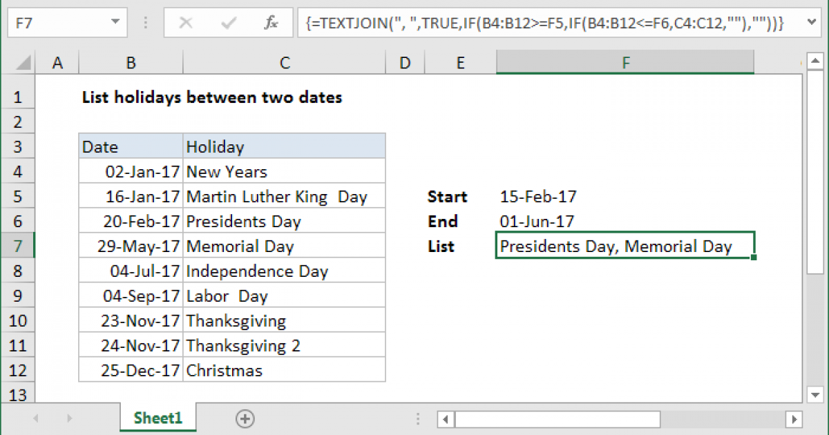 List holidays between two dates - Excel formula | Exceljet