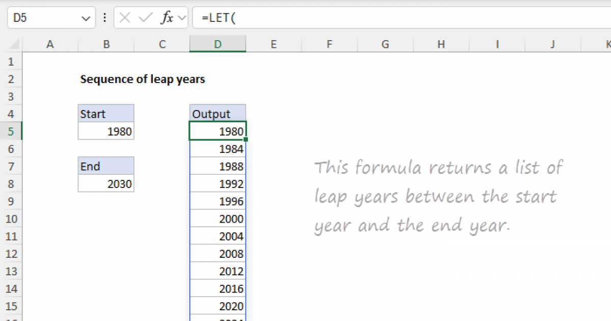 Sequence of leap years - Excel formula | Exceljet
