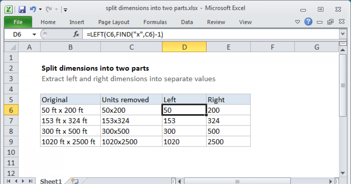 Split dimensions into two parts - Excel formula | Exceljet