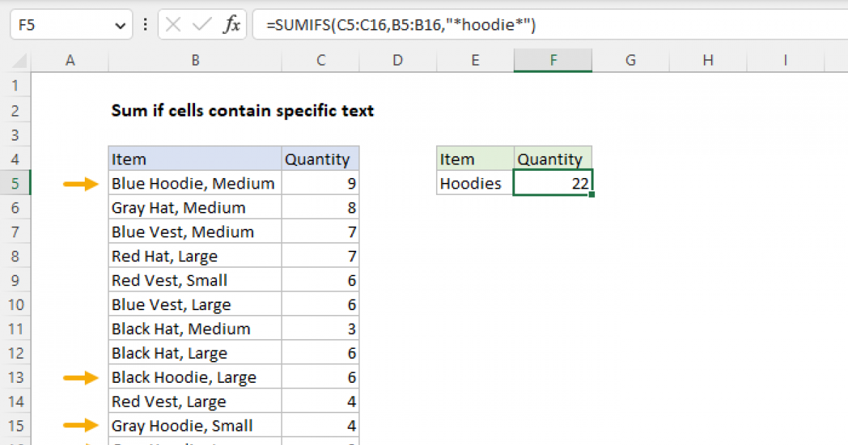Sum If Cells Contain Specific Text Excel Formula Exceljet