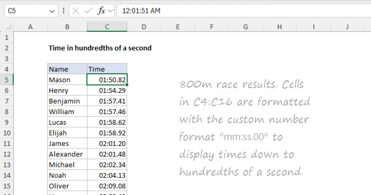 Time in hundredths of a second - Excel formula | Exceljet