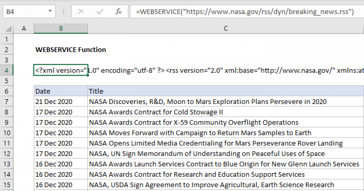 Excel WEBSERVICE function | Exceljet