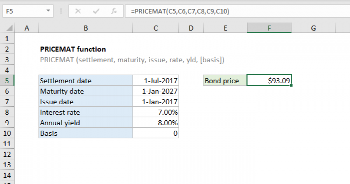 Excel PRICEMAT function | Exceljet