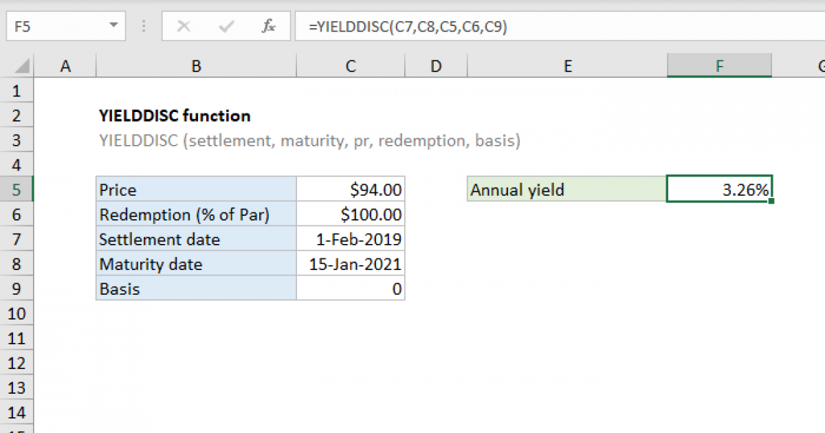 Excel YIELDDISC function | Exceljet