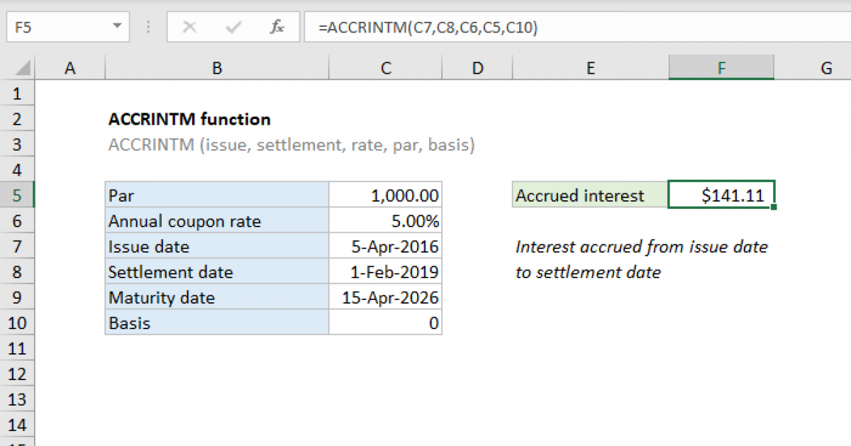 Excel ACCRINTM function | Exceljet