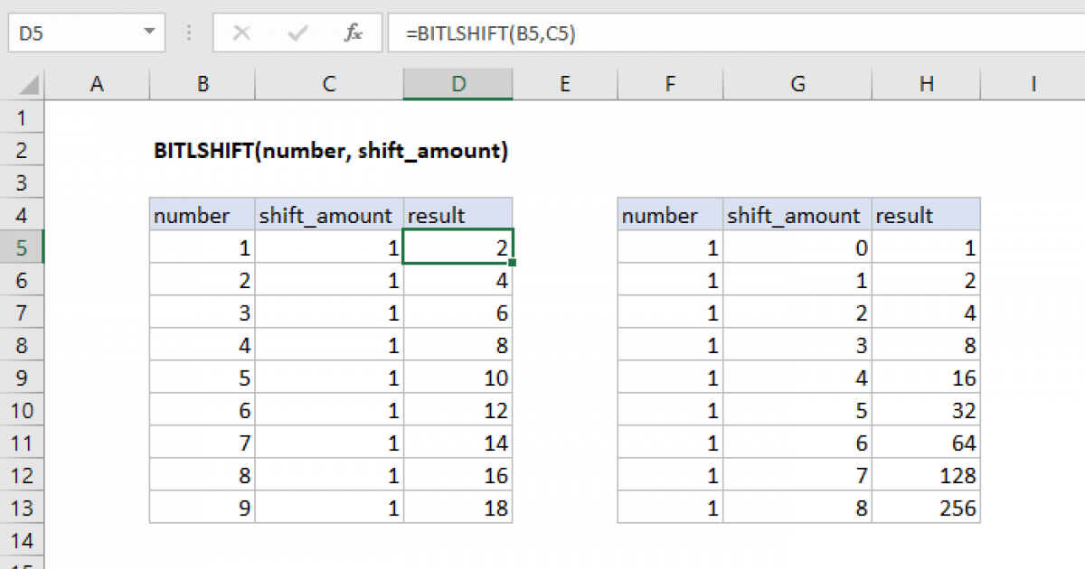 Excel BITLSHIFT function | Exceljet