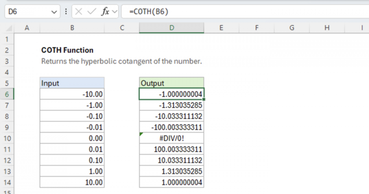 Excel COTH function | Exceljet