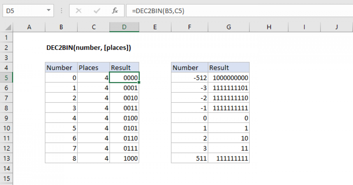 Excel DEC2BIN function | Exceljet