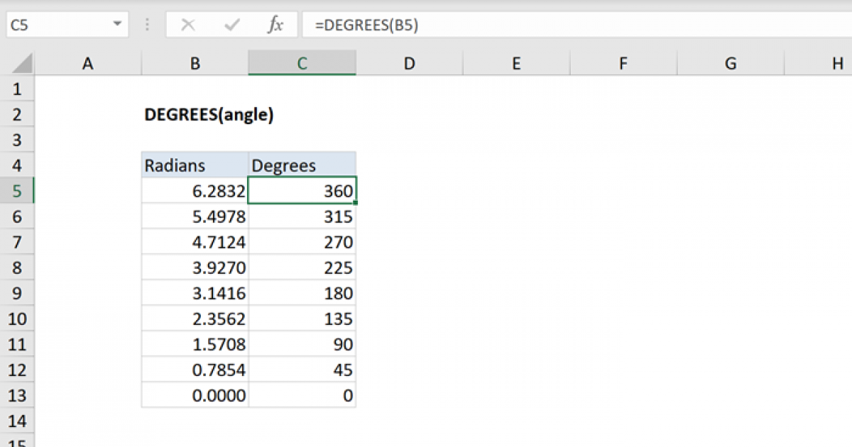 Excel DEGREES Function Exceljet