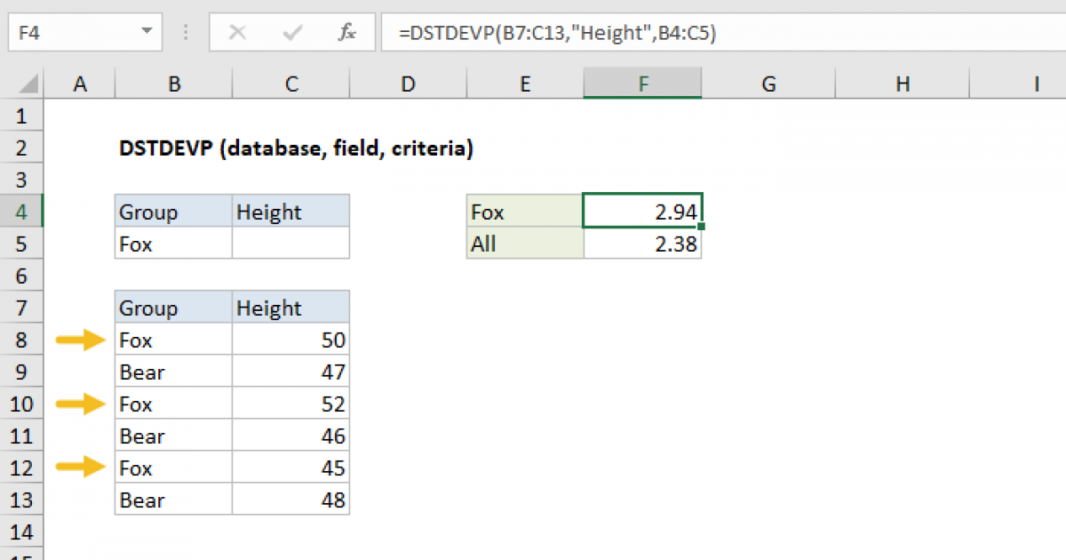 Excel DSTDEVP function | Exceljet