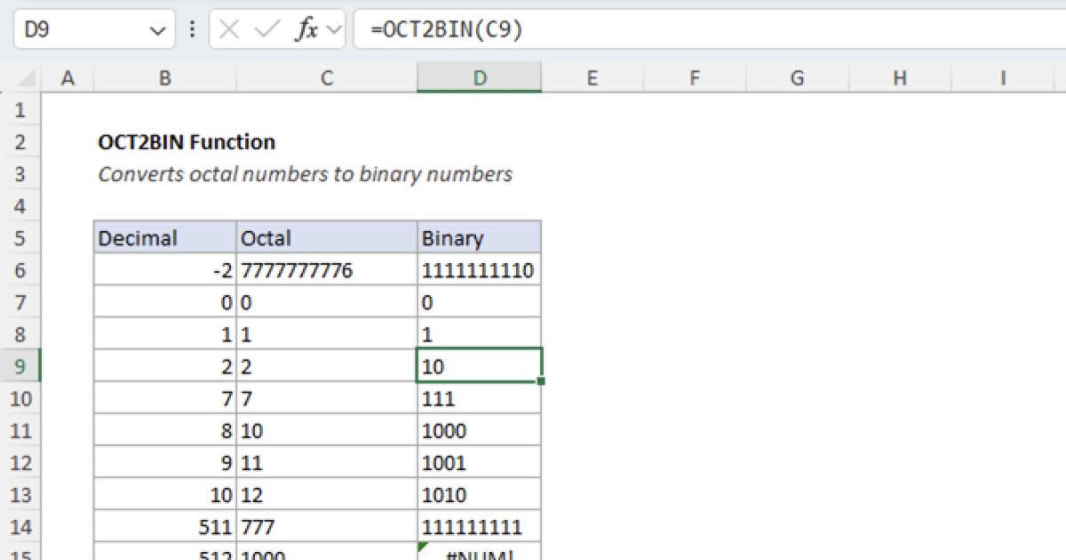 Excel OCT2BIN function | Exceljet