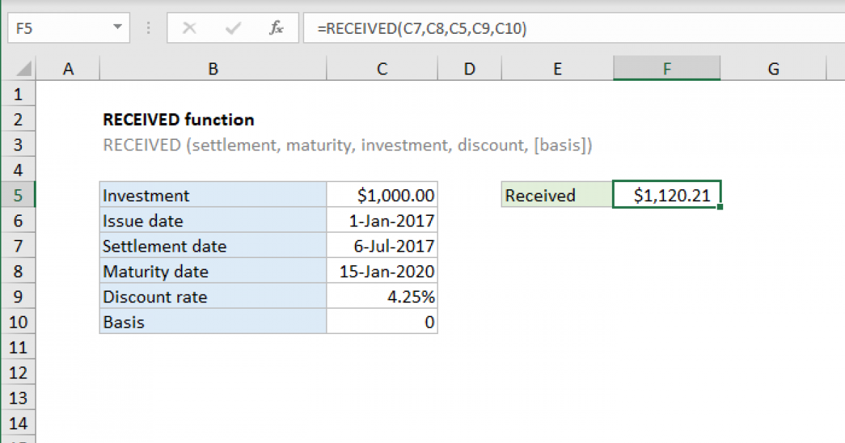 Excel RECEIVED function | Exceljet
