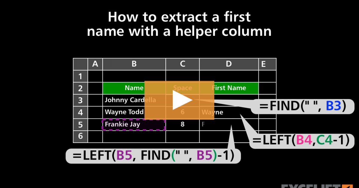 How to extract a first name with a helper column (video) | Exceljet