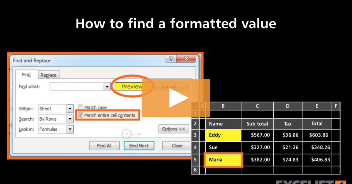 How To Find A Formatted Value In Excel Exceljet
