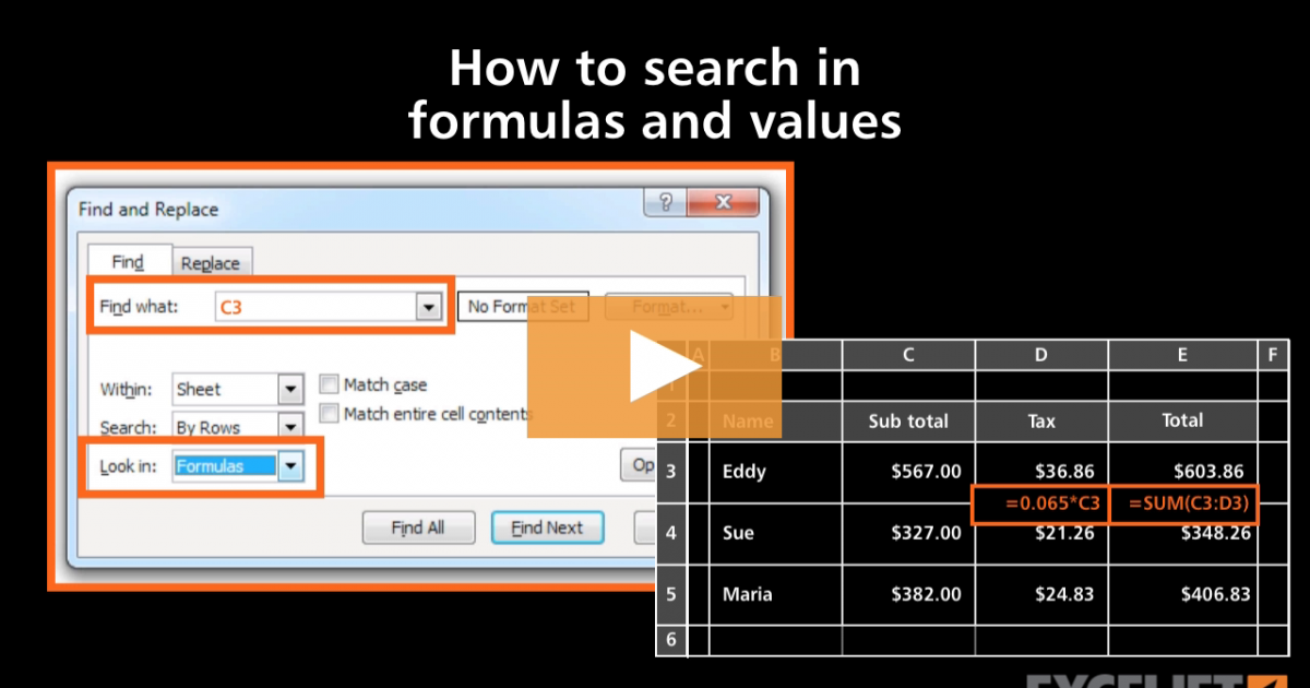 How To Search In Formulas And Values In Excel Exceljet