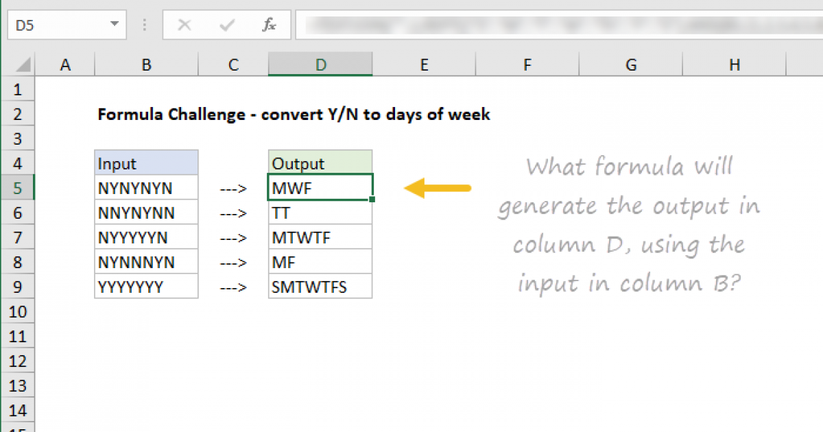 Formula challenge - convert Y/N to days of week | Exceljet
