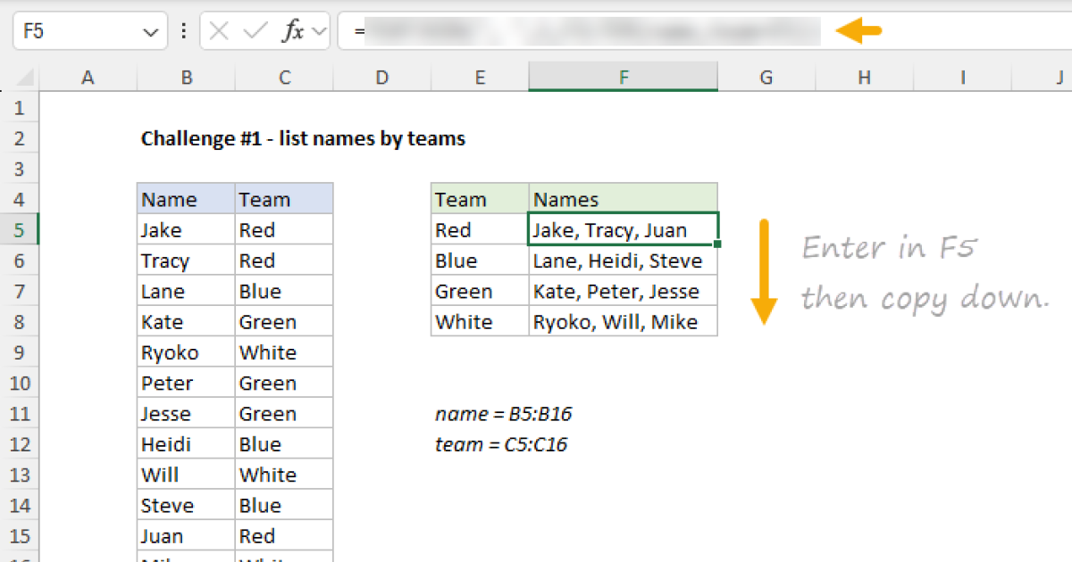Formula challenge - list names by teams | Exceljet