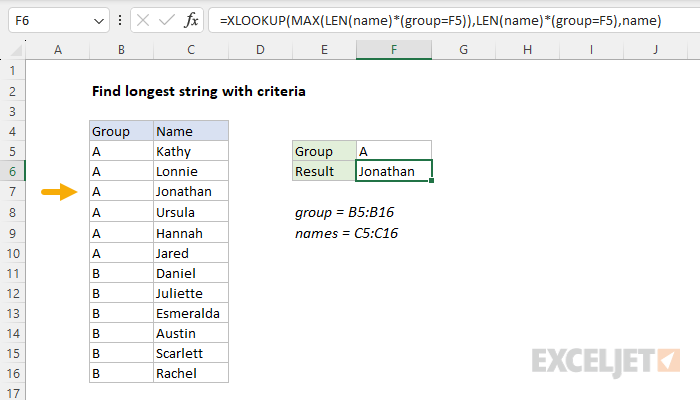Find Longest String With Criteria Excel Formula Exceljet