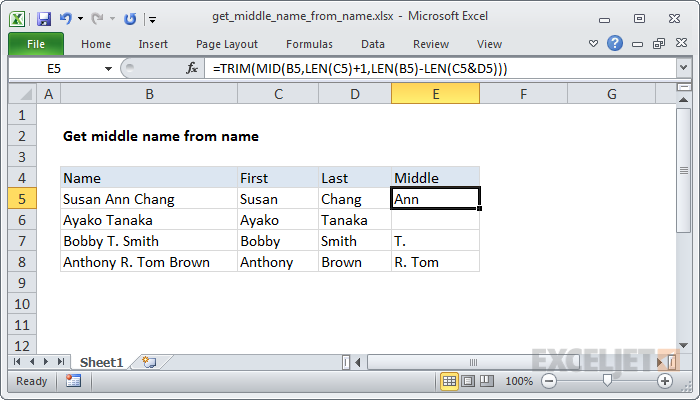 Get Middle Name From Full Name Excel Formula Exceljet