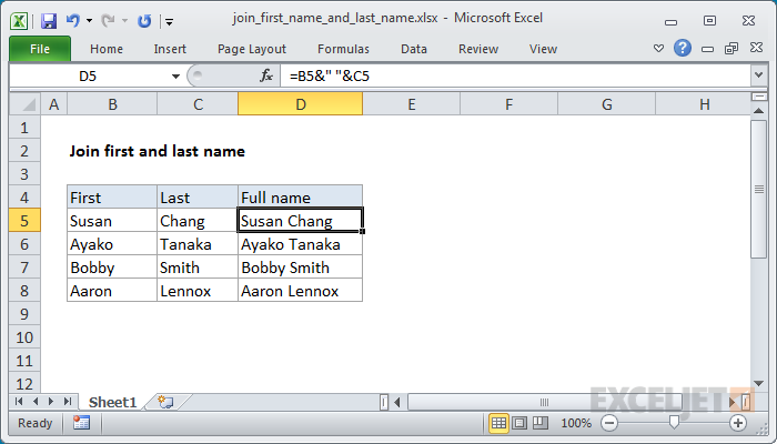 Join First And Last Name Excel Formula Exceljet