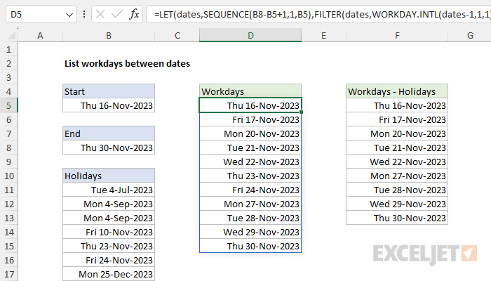 List Workdays Between Dates Excel Formula Exceljet