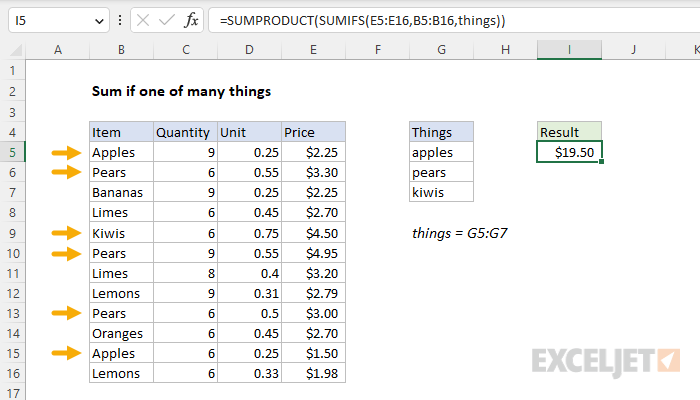 Sum If One Of Many Things Excel Formula Exceljet