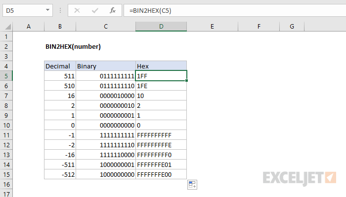 Excel BIN2HEX Function Exceljet