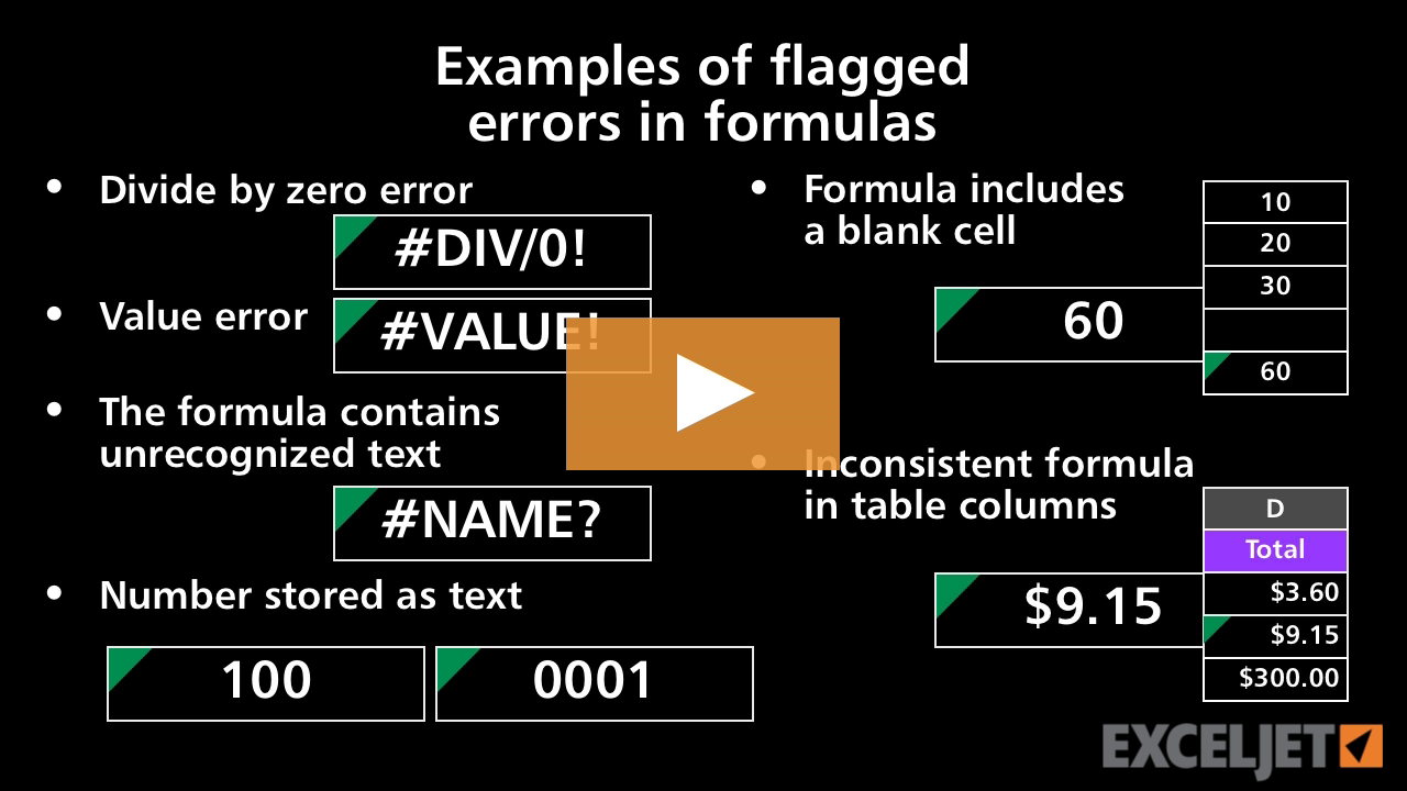 Examples of flagged errors in formulas (video) | Exceljet